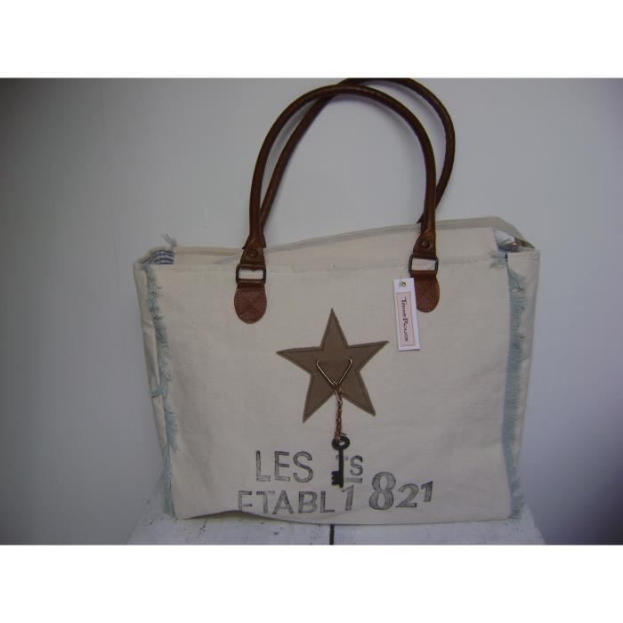 SAC CABAS TOILE VINTAGE ECRU ETOILE FRANGES ANSES CUIR Achat Vente