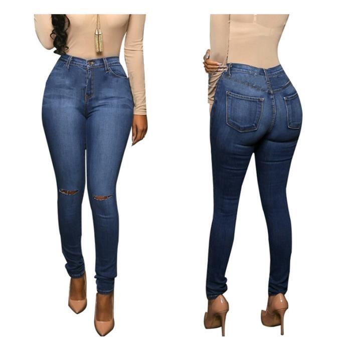 Jeans Femme Slim Taille Haute Trou Genoux Pantalons Denim Skinny