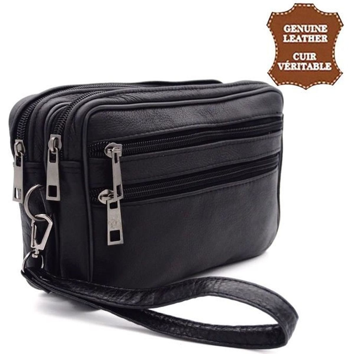Sac Sacoche à Main Double Homme Cuir De Vachette Véritable Noir Achat