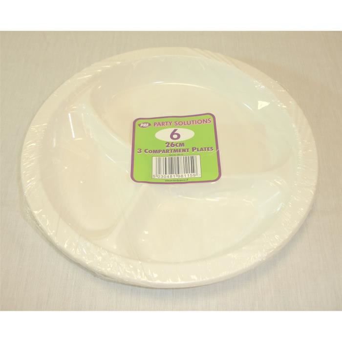 Pack de 6 Assiettes en plastique jetables 3 compartiments 26cm - Achat ...