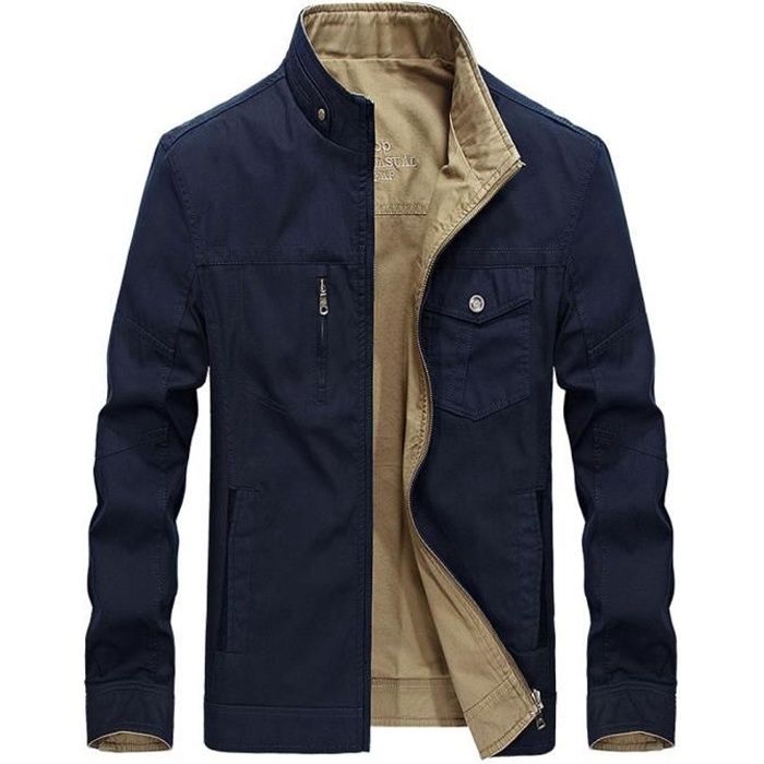 Veste Réversible Homme Mi Saison En Coton Blouson Col Montant Multi Poches Couleur Unie Bleu