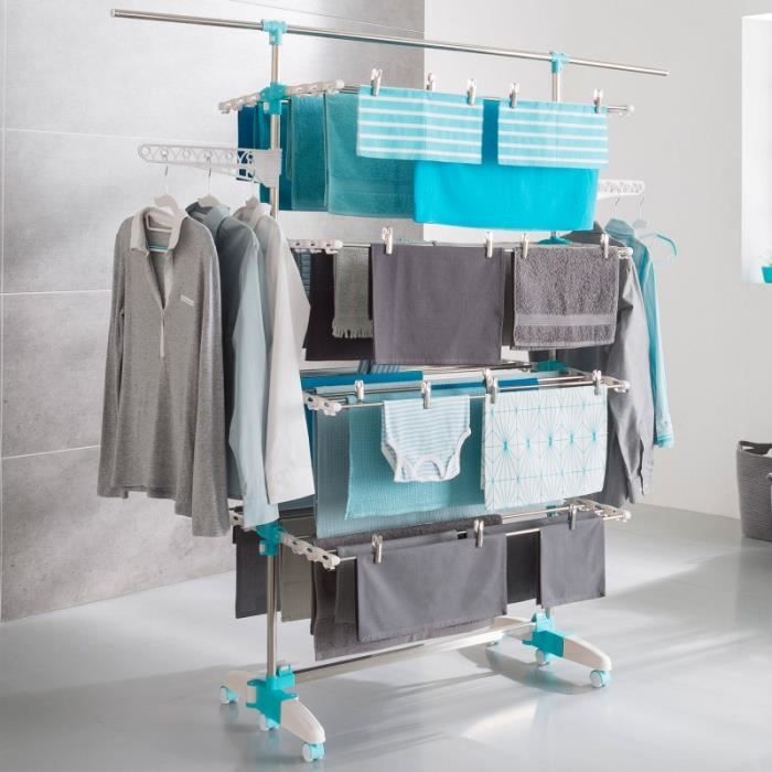 Séchoir à linge 4 niveaux réglables + barre télescopique pour draps ...