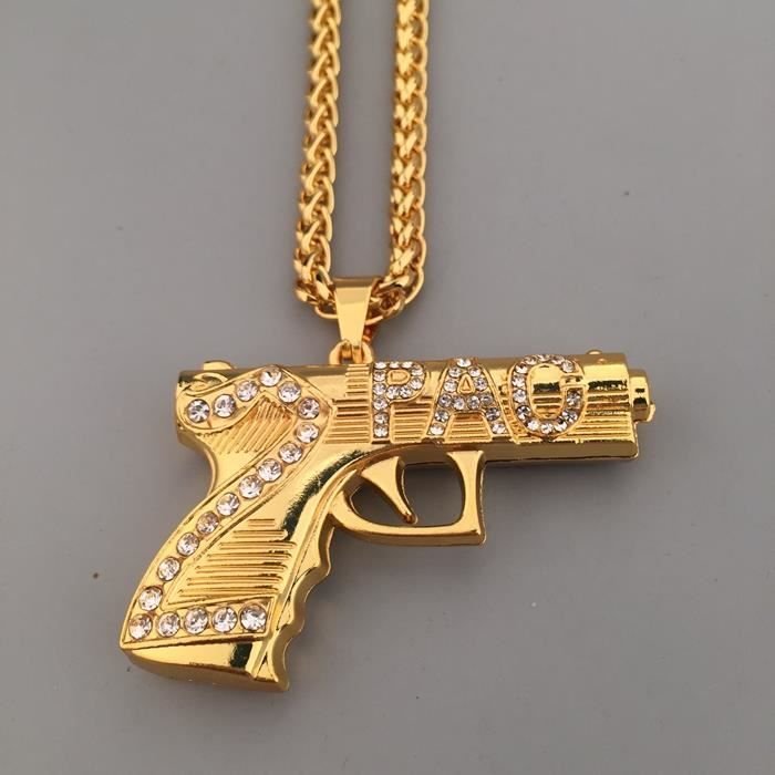 2PAC Collier Gun chaîne d'or pour les hommes Rap Hip Hop Collier 18k ...