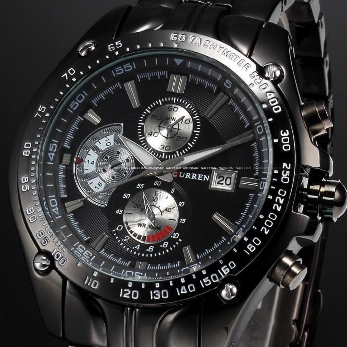 CURREN Montre Homme à Quartz Date Cadran Noir Militaire Bracelet Acier ...