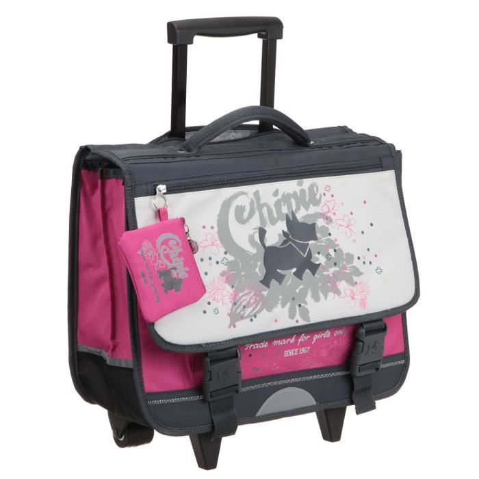 CHIPIE Cartable à roulettes 2 compartiments - 38cm Rose, gris et blanc ...