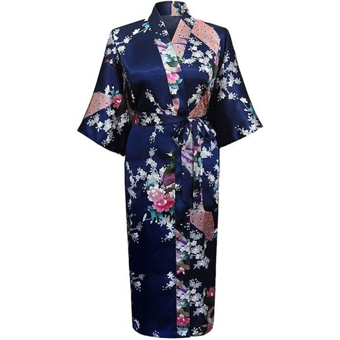 Honofash－Kimono Japonais en Satin 1-2 Manches Luxueux et Sexy－Femme Bleu Bleu marine - Achat ...