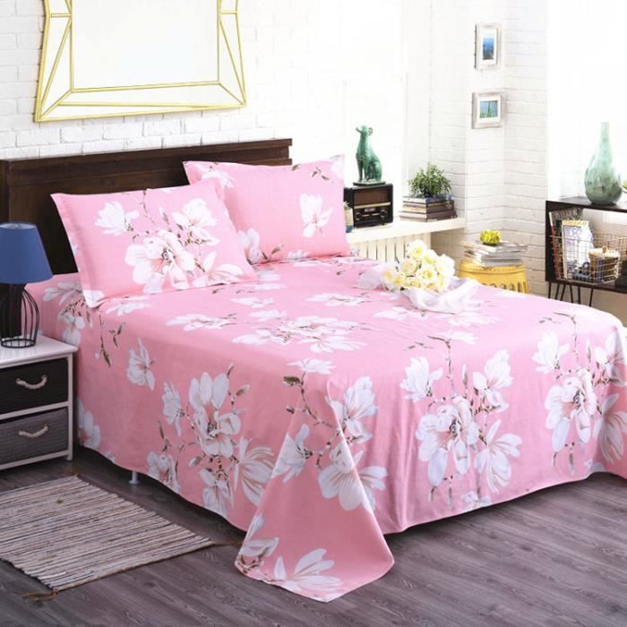 Drap de lit 2 personnes 210x230cm+2pcs Taies 48x74cm motifs fleurs Rose ...